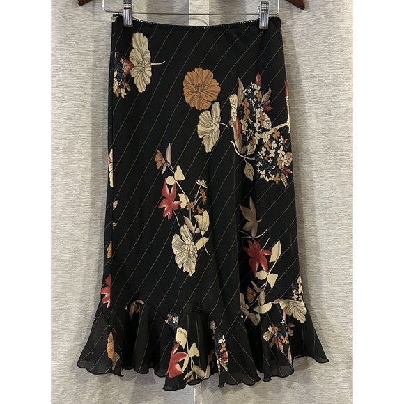 La Belle | Skirts | Vintage 9s La Belle Black Floral Ruffle Midi Skirt ...